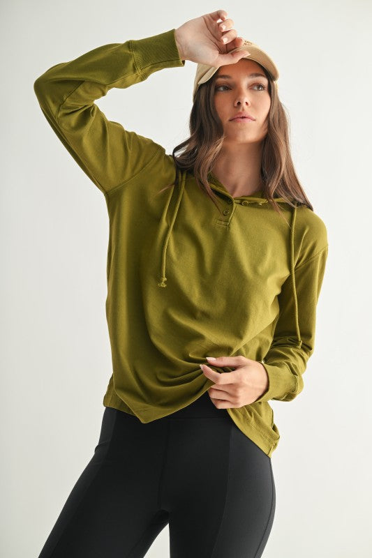 Fabianna Hoodie – Olive Pima Cotton Henley Hoodie | The Salient Collection