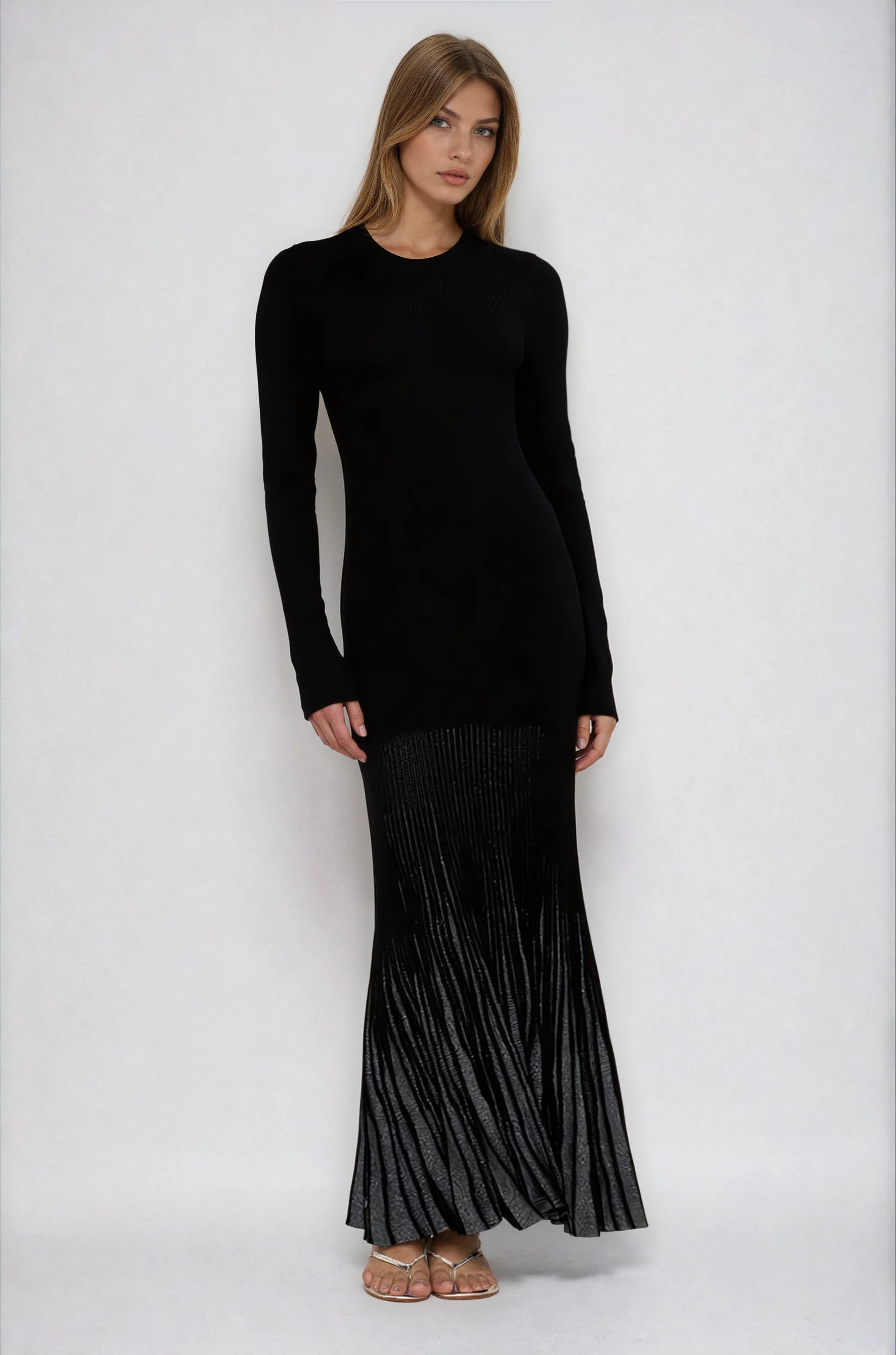 Black Long Sleeve Knit Maxi Dress with Pleated Hem – The Salient Collection
